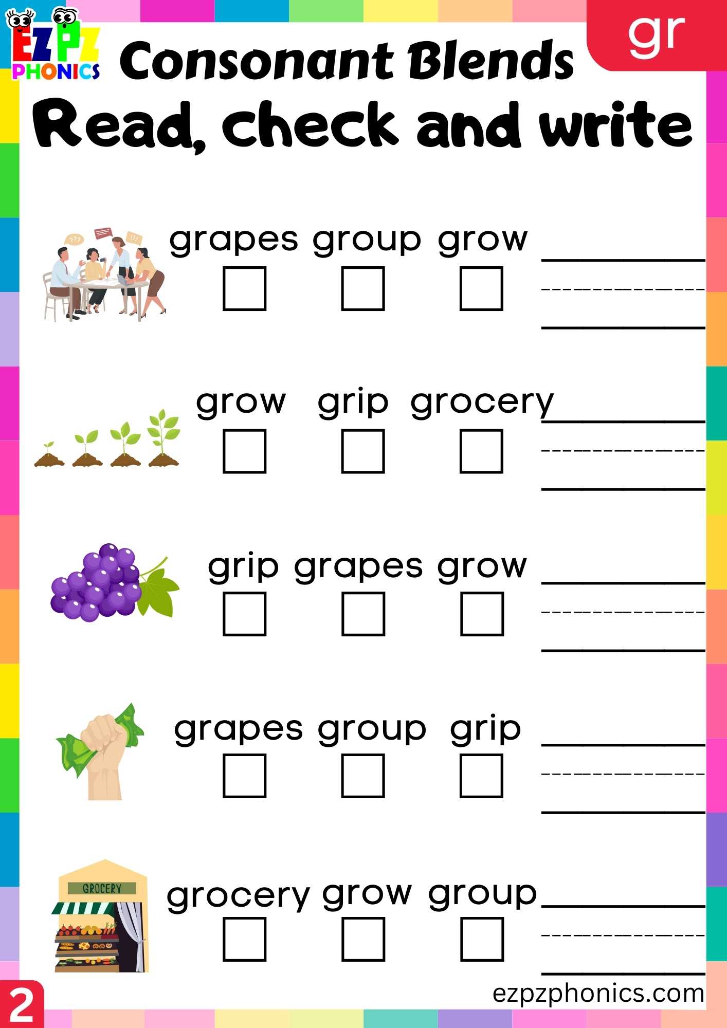 Group2 GR Words Read, Check And Write Phonics Consonant Blends Worksheet - ezpzphonics.com